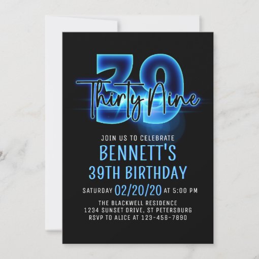 Blue Neon 39th Birthday Invitation | Zazzle