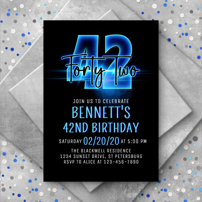 Blue Neon 42nd Birthday Invitation | Zazzle
