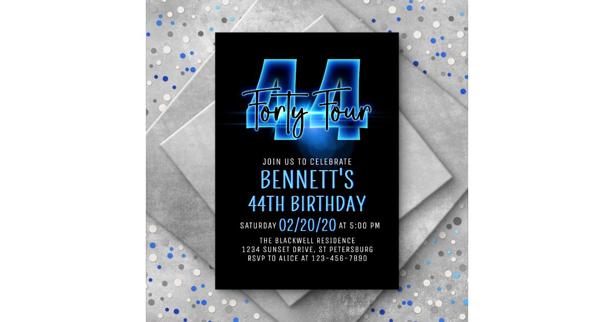 Blue Neon 44th Birthday Invitation | Zazzle