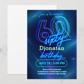 Blue Neon 60th Birthday Party Invitation Card | Zazzle