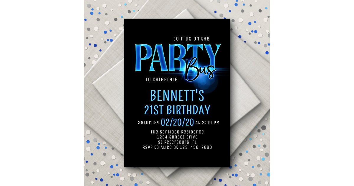 Blue Neon Party Bus Birthday Invitation | Zazzle