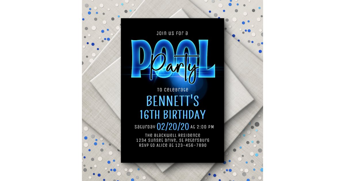 Blue Neon Pool Party Birthday Invitation | Zazzle