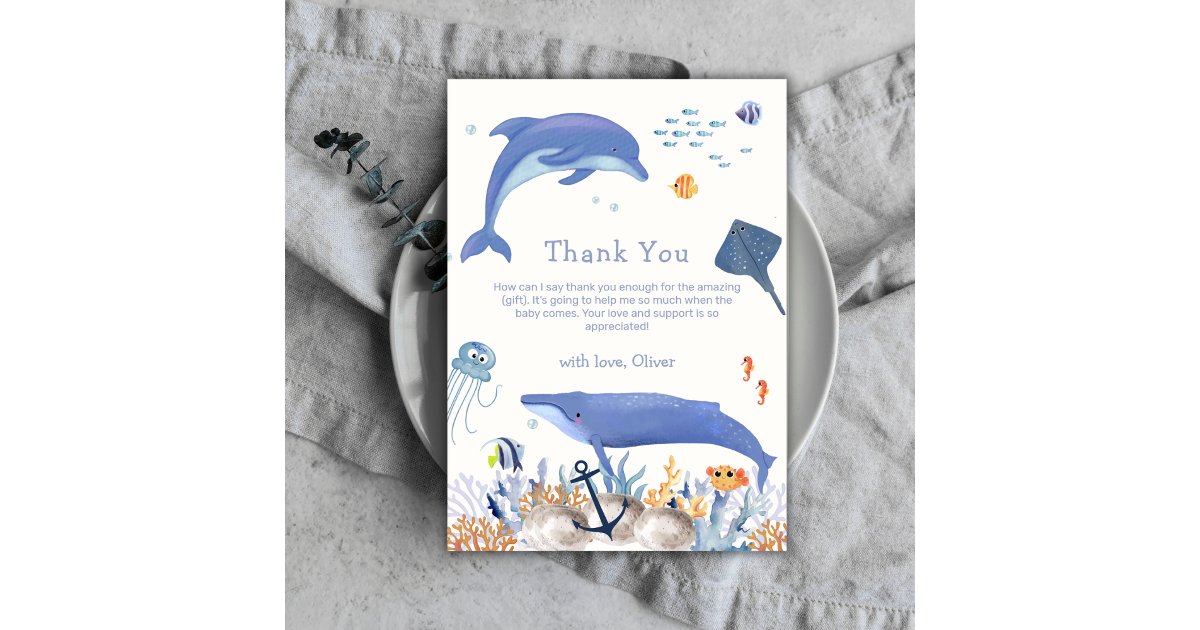 Blue Neutral Ocean Dolphin Whale Boy Baby Shower Thank You Card | Zazzle