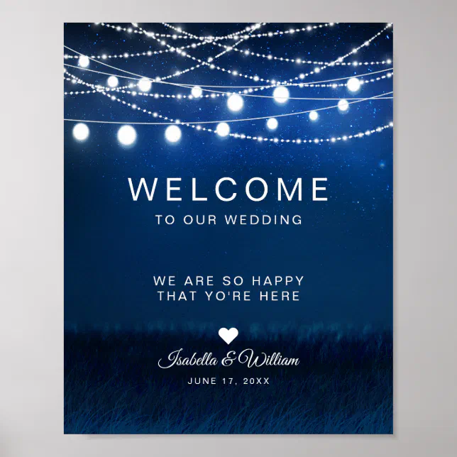 Blue Night & Silver String Lights Wedding Welcome Poster | Zazzle