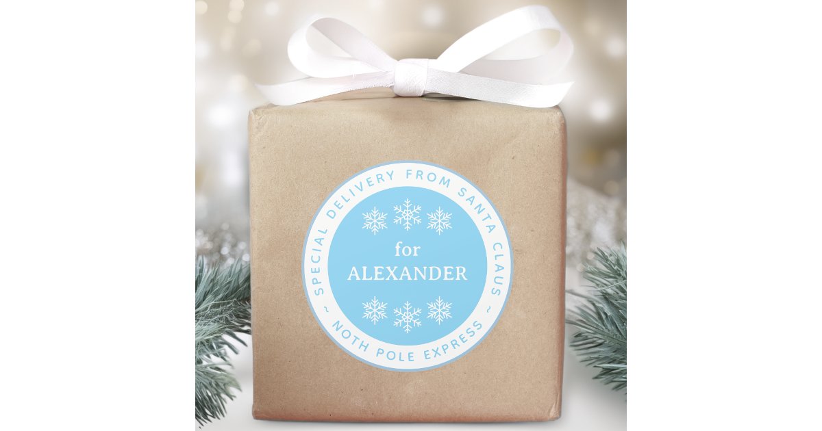 Blue North Pole Special Delivery from Santa Name Classic Round Sticker ...