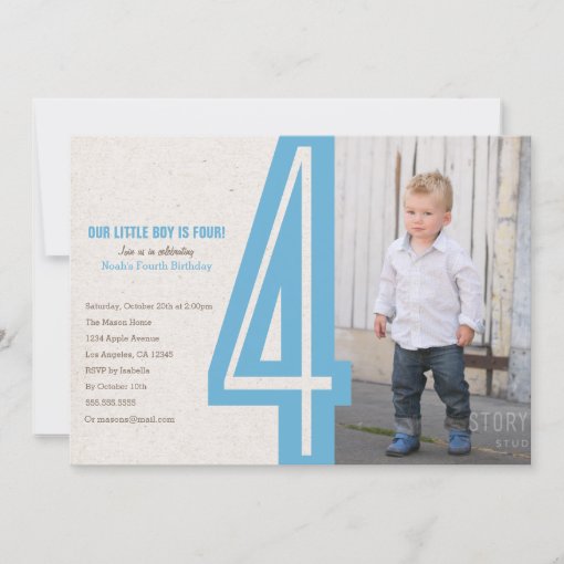 Blue Number Four Birthday Party Invitation | Zazzle
