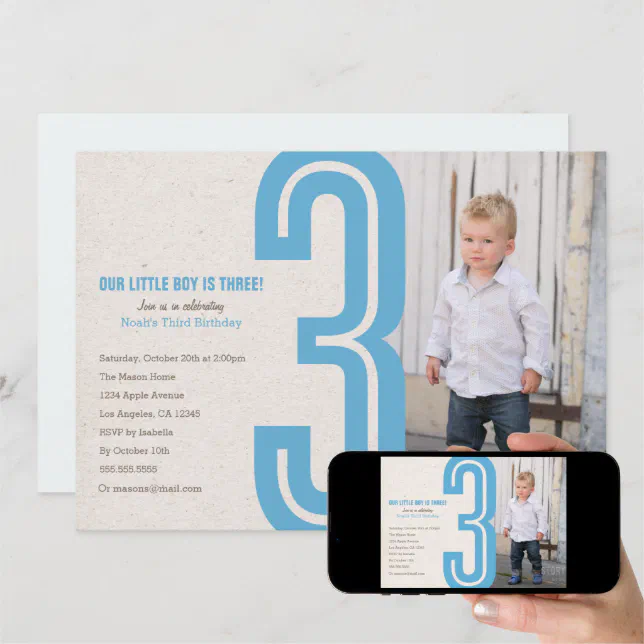 Blue Number Three Birthday Party Invitation | Zazzle