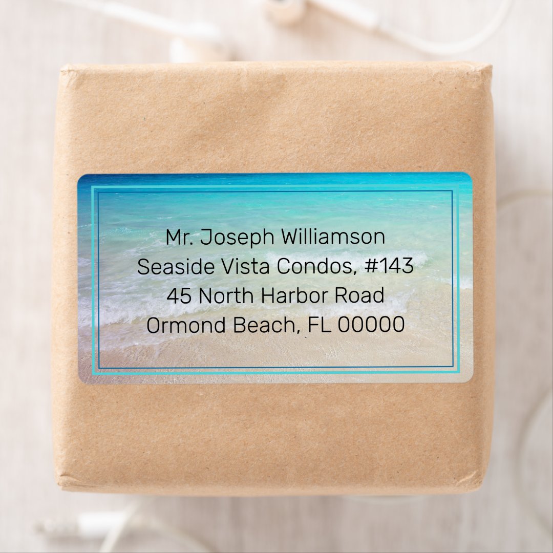 Blue Ocean Beach Sand Printed Text Shipping Labels | Zazzle