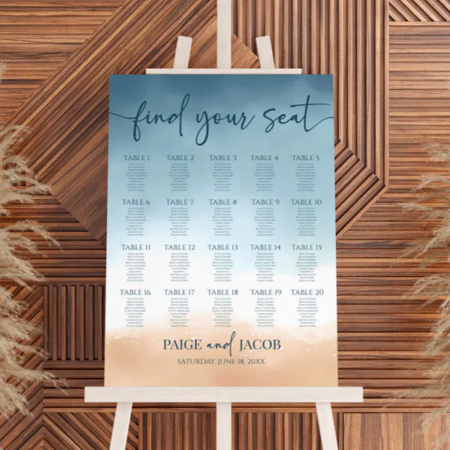 Blue Ocean Beach Shore Sand Wedding Seating Chart Foam Board | Zazzle