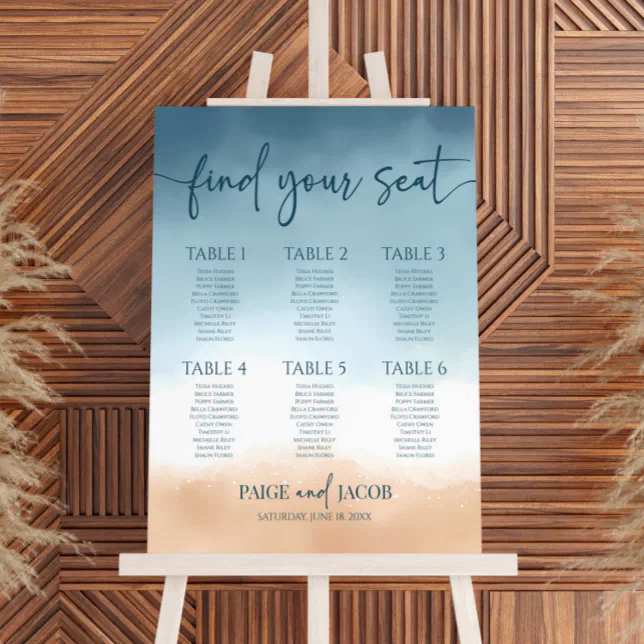 Blue Ocean Beach Shore Sand Wedding Seating Chart Foam Board | Zazzle