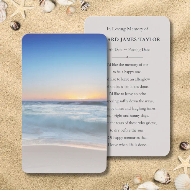 Blue Ocean Beach Sympathy Funeral Memorial Card | Zazzle