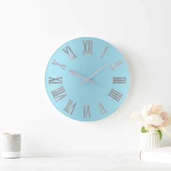 Blue Ocean Gray Minimal Metallic Roman Numers Large Clock | Zazzle