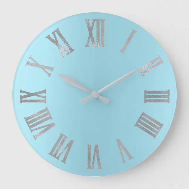 Blue Ocean Gray Minimal Metallic Roman Numers Large Clock | Zazzle