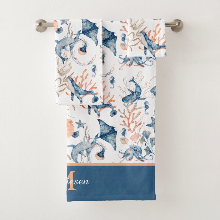 Blue Ocean Pattern Monogram Bath Towel Set | Zazzle.com