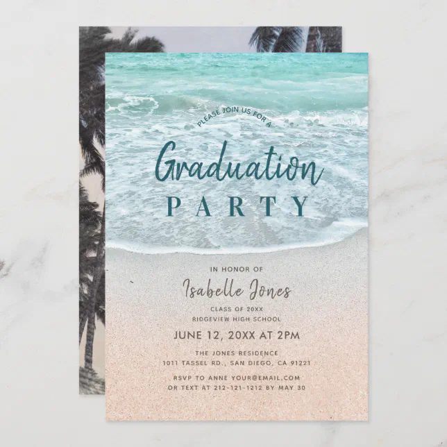 Blue Ocean & Sandy Beach Graduation Invitation | Zazzle