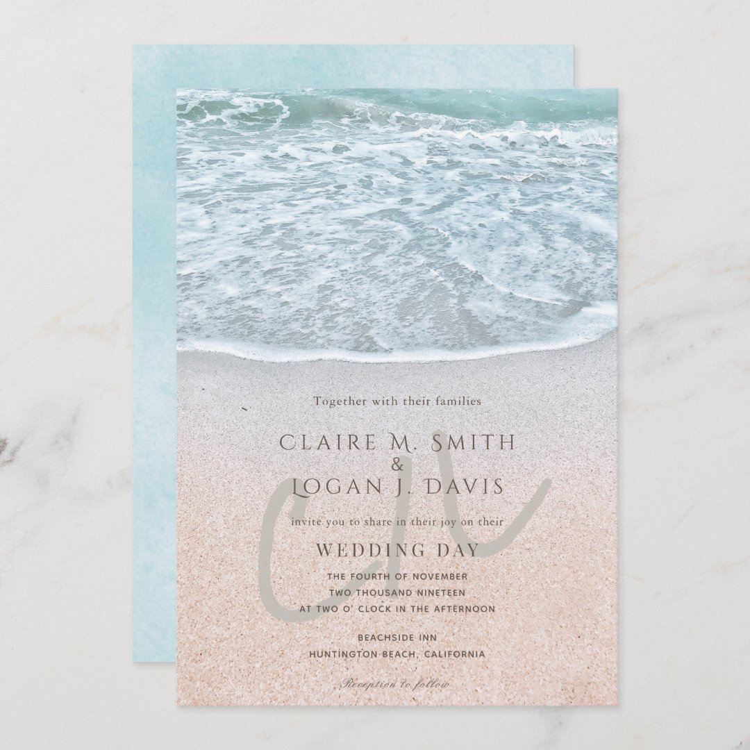 Blue Ocean & Sandy Beach Monogram Wedding Invitation | Zazzle