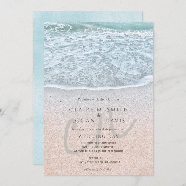 Blue Ocean & Sandy Beach Monogram Wedding Invitation | Zazzle