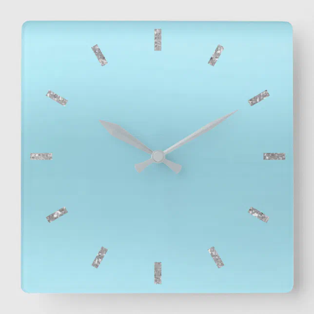 Blue Ocean Silver Pastel Ombre Minimal Glitter Square Wall Clock | Zazzle