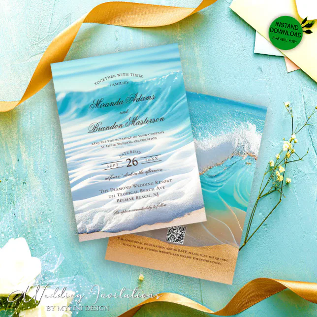 Blue Ocean Waves Tropical Beach Wedding Invitation | Zazzle