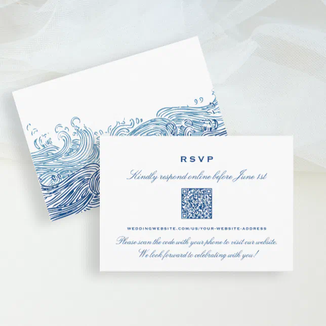 Blue Ocean Waves Wedding Online RSVP QR Code Enclosure Card | Zazzle