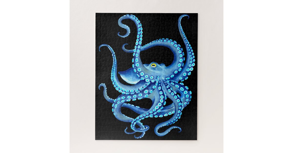 Blue Octopus Black Jigsaw Puzzle | Zazzle