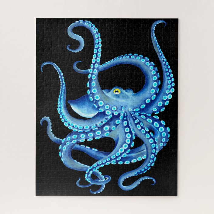 Blue Octopus Black Jigsaw Puzzle | Zazzle.com