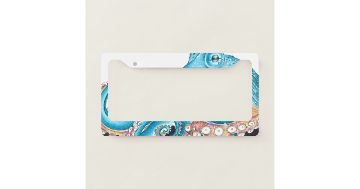 Blue Octopus On White Ink License Plate Frame | Zazzle