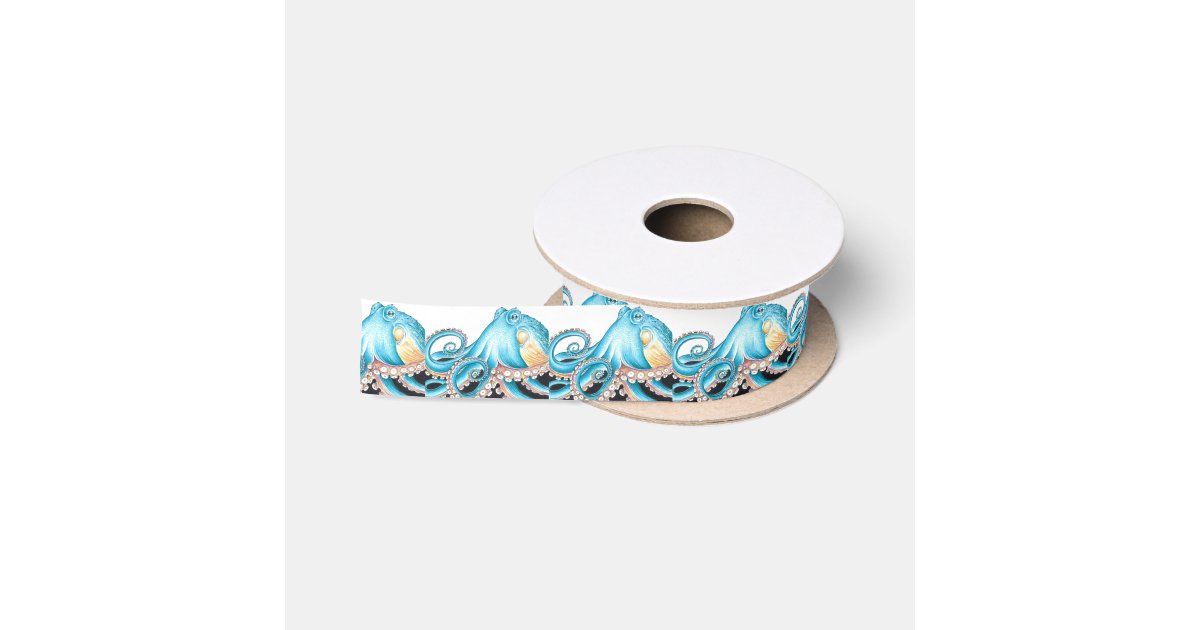 Blue Octopus On White Ink Satin Ribbon | Zazzle
