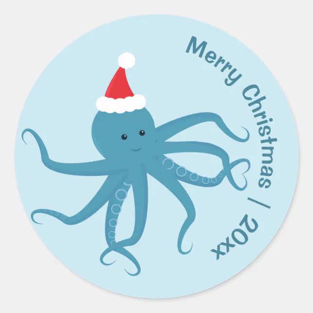 Blue Octopus Santa Merry Christmas Classic Round Sticker | Zazzle