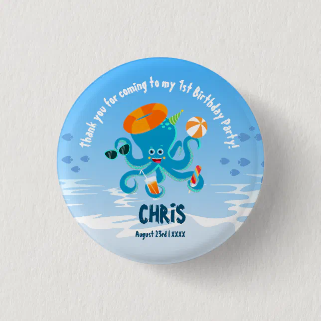 Blue Octopus Under the Sea Boy Birthday Party Button | Zazzle