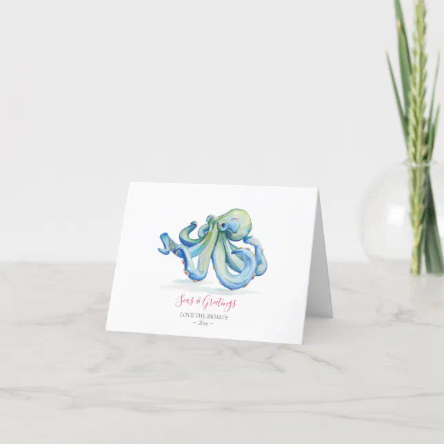 Blue Octopus WatercolorChristmas Holiday Card | Zazzle
