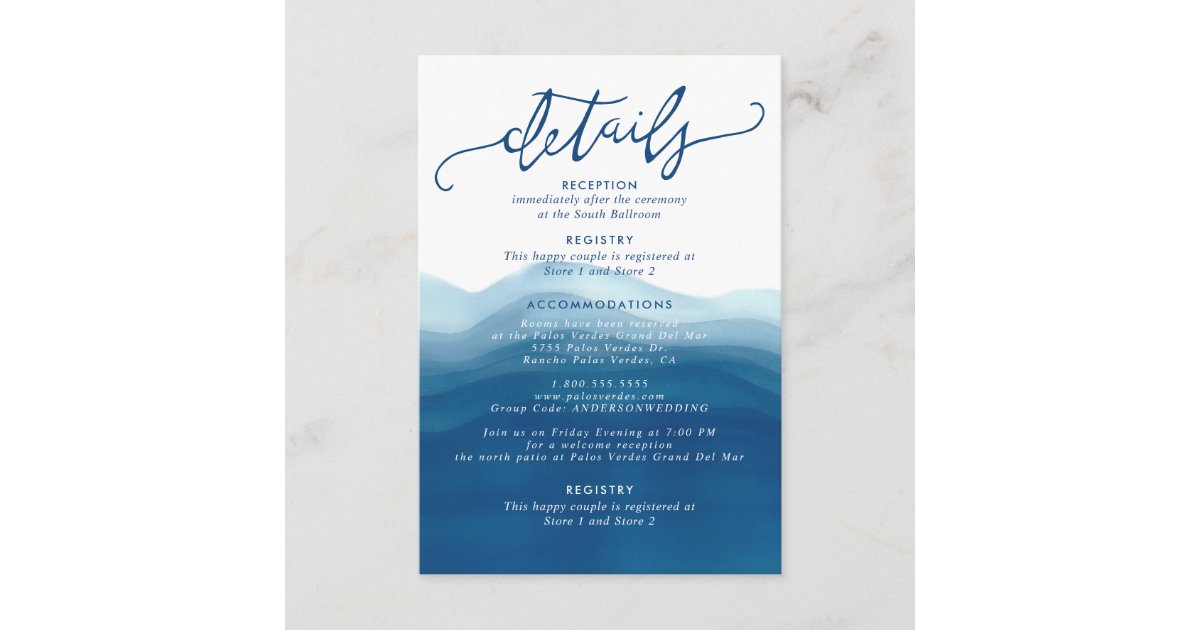 Blue Ombre Watercolor Wave Hand-Lettering Details Enclosure Card | Zazzle
