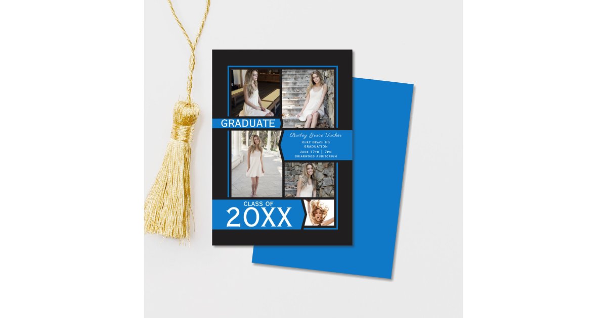 Blue on Black Photo Collage Graduation Announcement | Zazzle