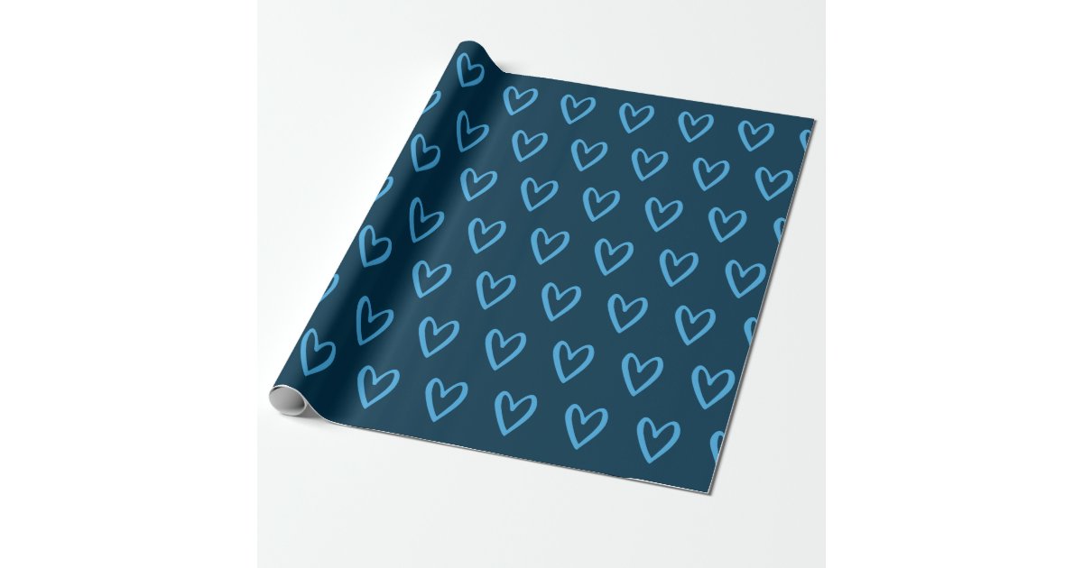 Blue on Prussian Blue Handdrawn Hearts Wrapping Paper | Zazzle