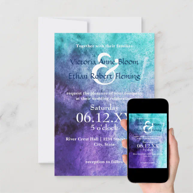 Blue on Purple Watercolor - 3x5 Wedding Invitation | Zazzle