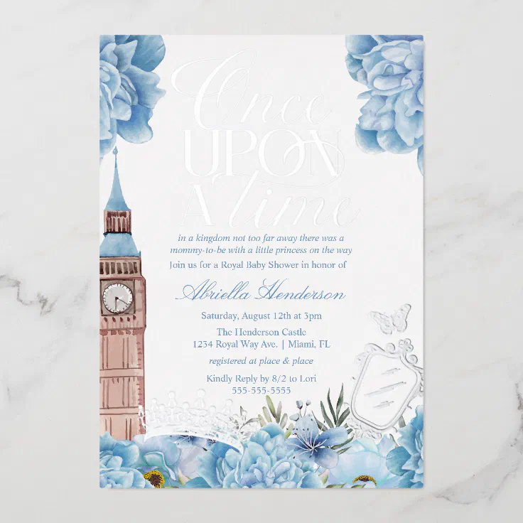Blue Once Upon a Time Princess Baby Shower Foil Invitation | Zazzle