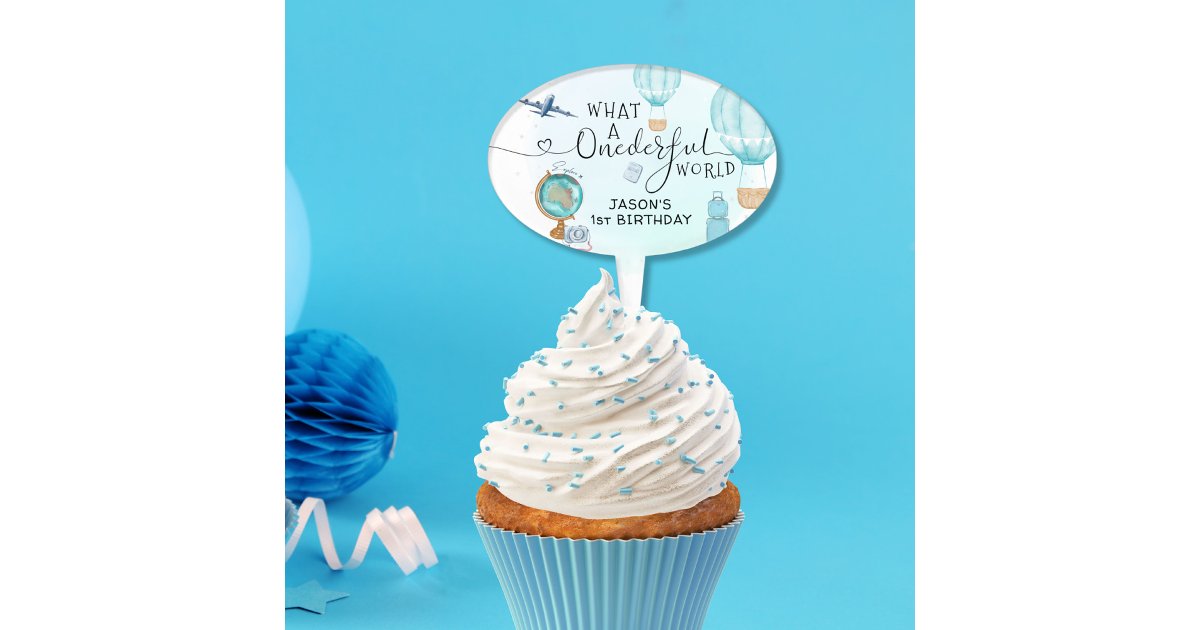 Blue ONEderful World 1st First Birthday Cake Topper | Zazzle