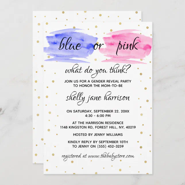 Blue Or Pink Modern Watercolor Gender Reveal Party Invitation | Zazzle Blue Or Pink Modern Watercolor Gender Reveal Party Invitation | Zazzle