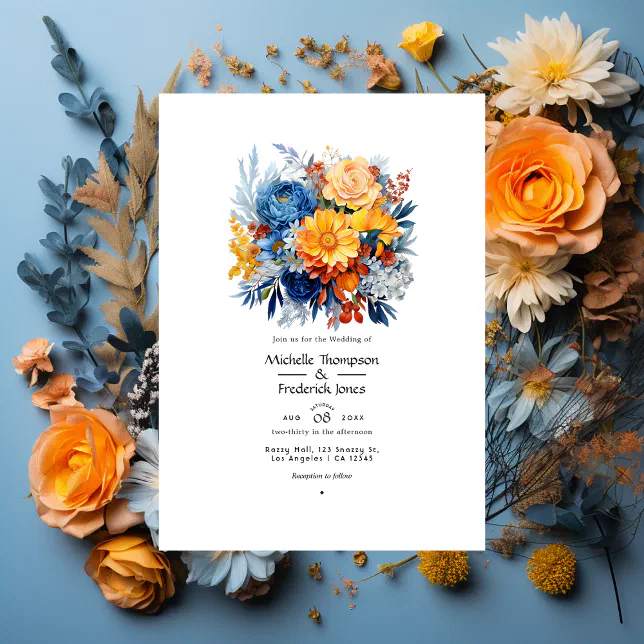 Blue, Orange and Yellow Floral Wedding Invitation | Zazzle