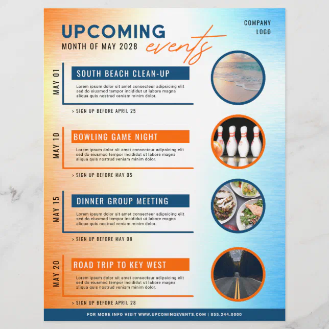 Blue & Orange Calendar Upcoming Events Photo Flyer | Zazzle