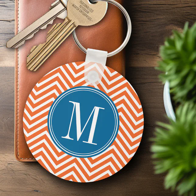 Blue & Orange Chevron Pattern with Monogram Keychain | Zazzle