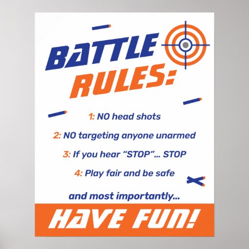 Blue, Orange Dart War Birthday Party Battle Rules Poster | Zazzle