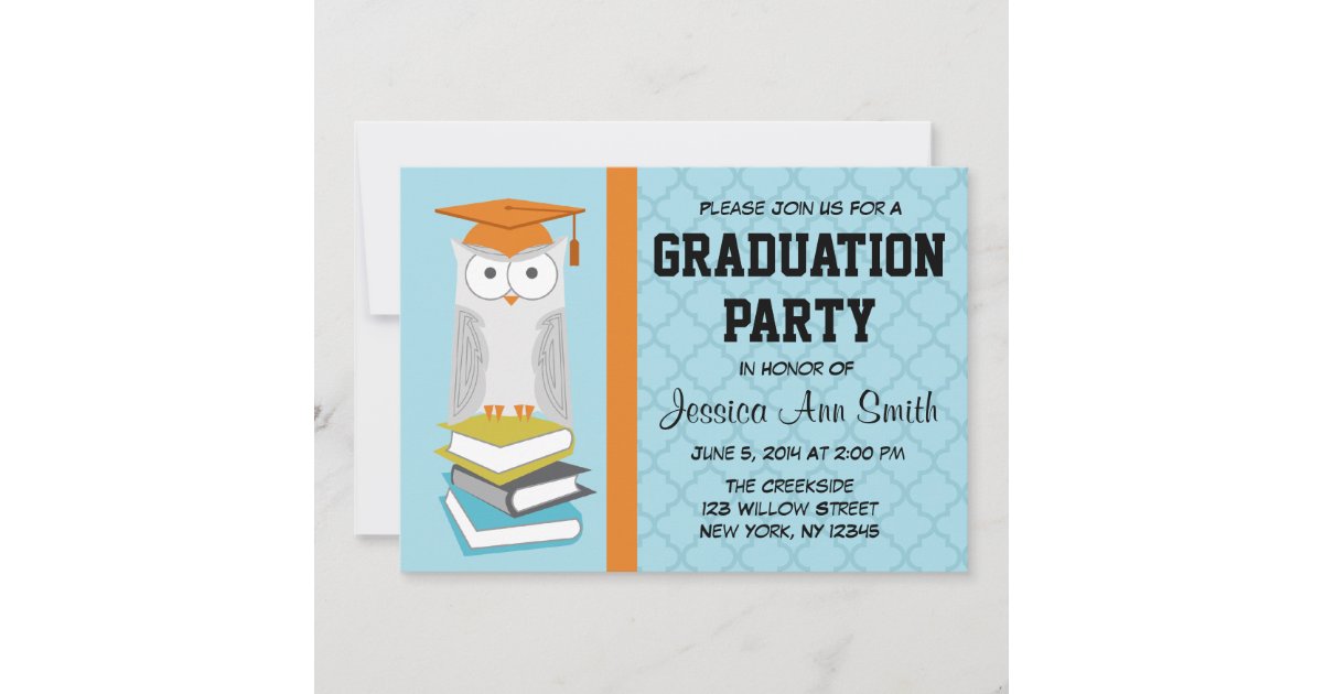 Blue/Orange Owl Graduation Announcement | Zazzle