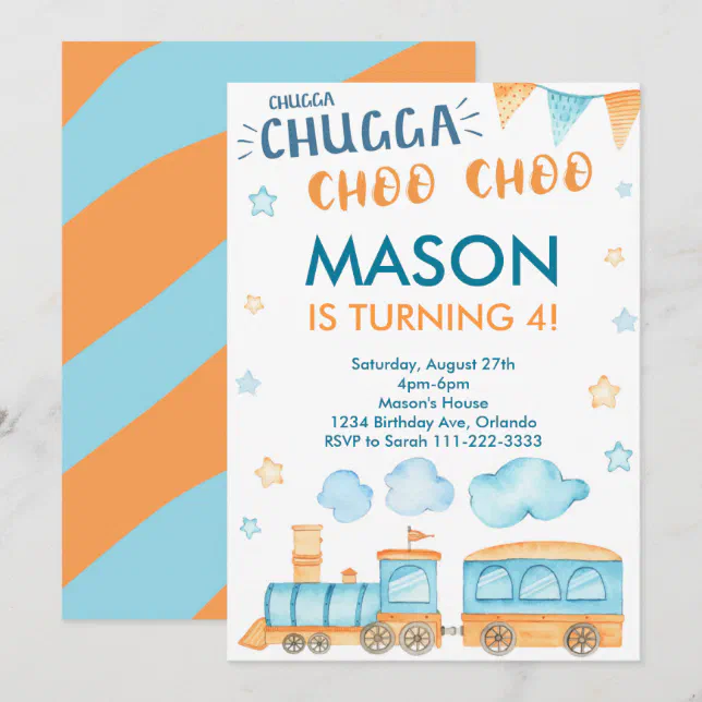 Blue Orange Train Birthday Party Invitation | Zazzle