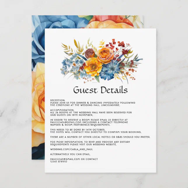 Blue, Orange, Yellow and Red Floral Guest Details Enclosure Card | Zazzle