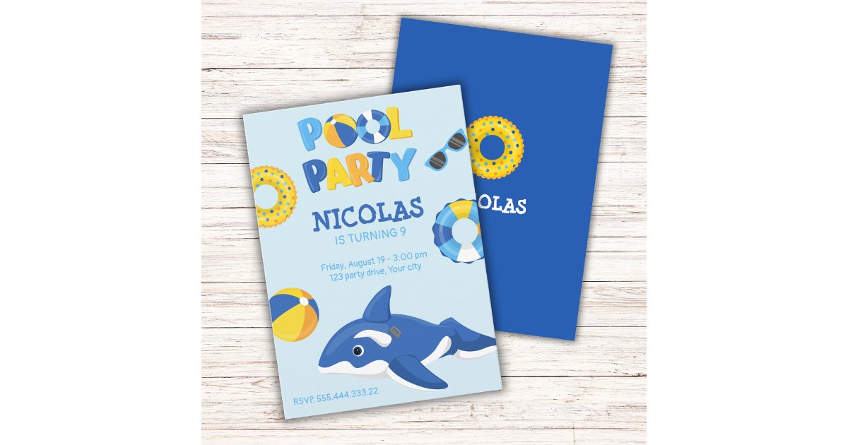 BLUE ORCA INFLATABLE POOL PARTY INVITATION | Zazzle