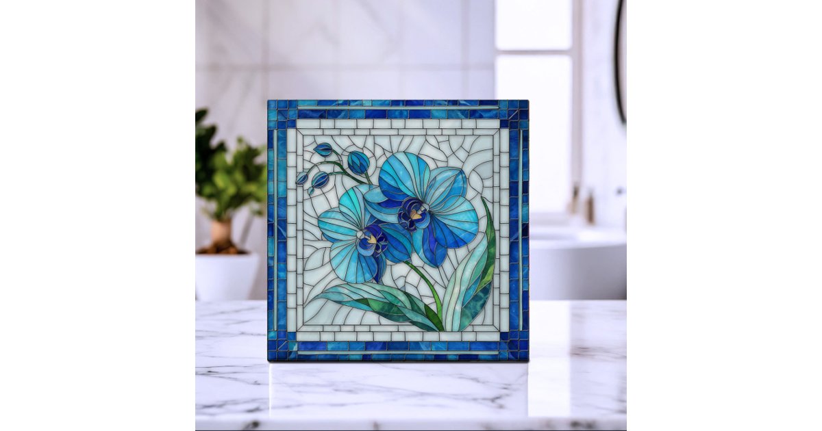 Blue Orchid Flower Mosaic Art Ceramic Tile | Zazzle
