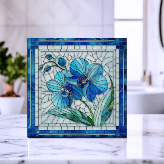 Blue Orchid Flower Mosaic Art Ceramic Tile | Zazzle