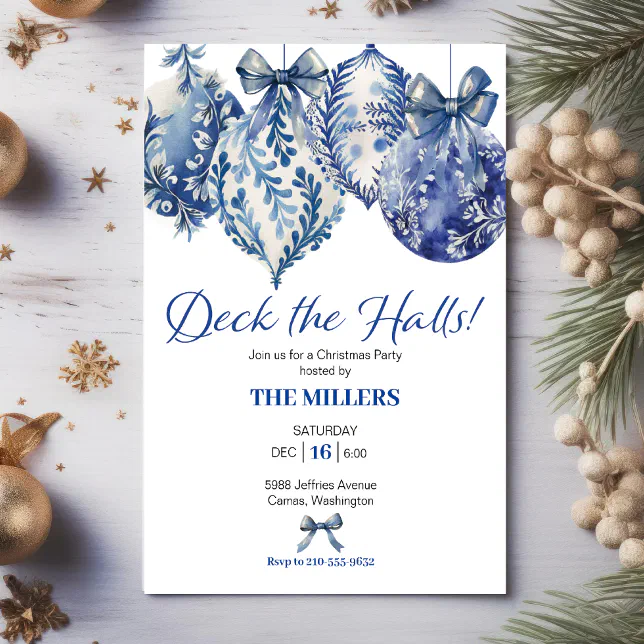 Blue Ornaments Christmas Party Invitation | Zazzle