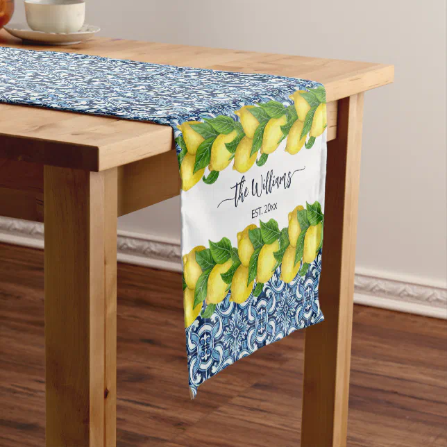 Blue ornate Amalfi Italian tiles and lemons Short Table Runner | Zazzle